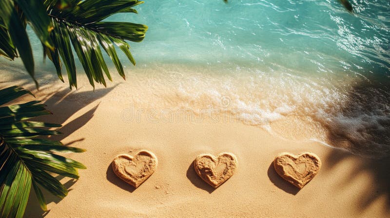 Three Hearts Drawn in the Sand on a Tropical Beach Stock Illustration ...