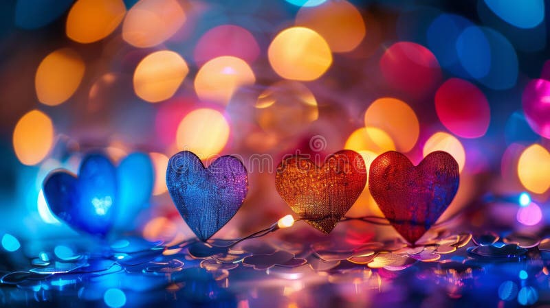 Three Hearts and Lights on Background, Three Hearts and String of ...