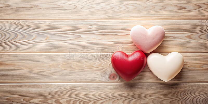 Three Hearts on a Wooden Surface, a Symbol of Love and Affection ...