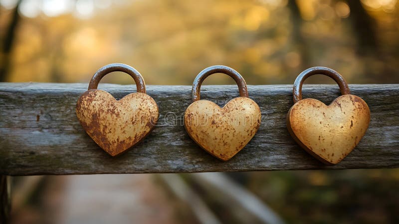 Three Heart Shaped Padlocks Affixed To a Wooden Railing Symbolic of ...