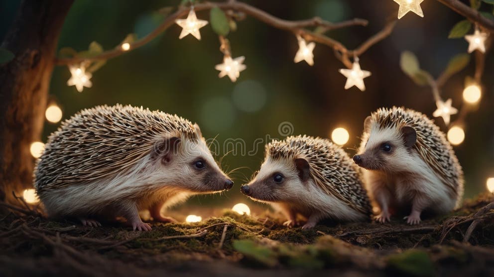 Three Adorable Hedgehogs Gathering Under Fairy Lights at Night Stock ...