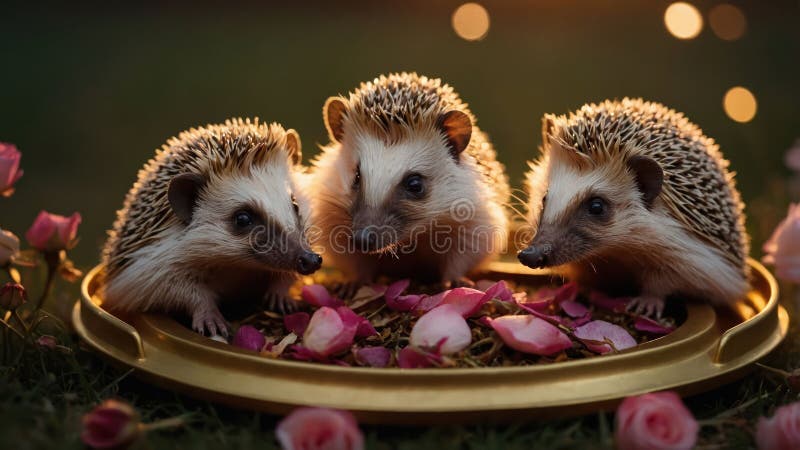 Three Adorable Hedgehogs Sharing Rose Petals at Sunset Stock ...