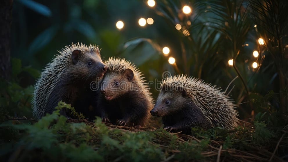 Adorable Three Hedgehogs Huddled Together at Night in a Magical Setting ...