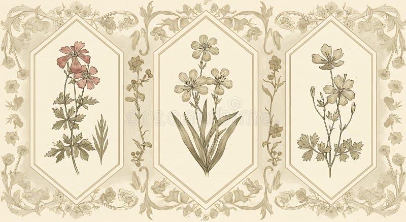 Three Hexagonal Frames Feature Botanical Illustrations of Flowers on a ...