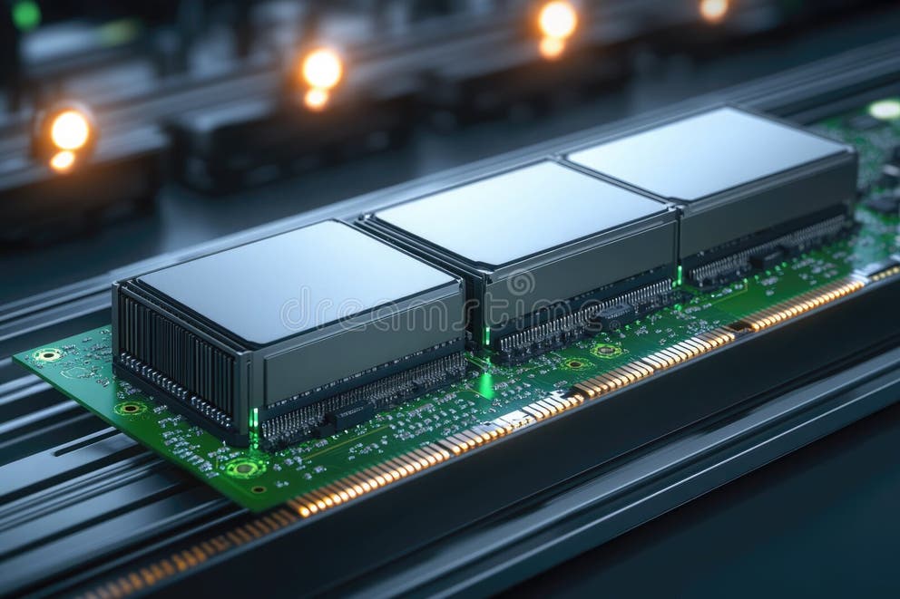 Close Up View of Advanced Computer Memory Modules on a Circuit Board in ...