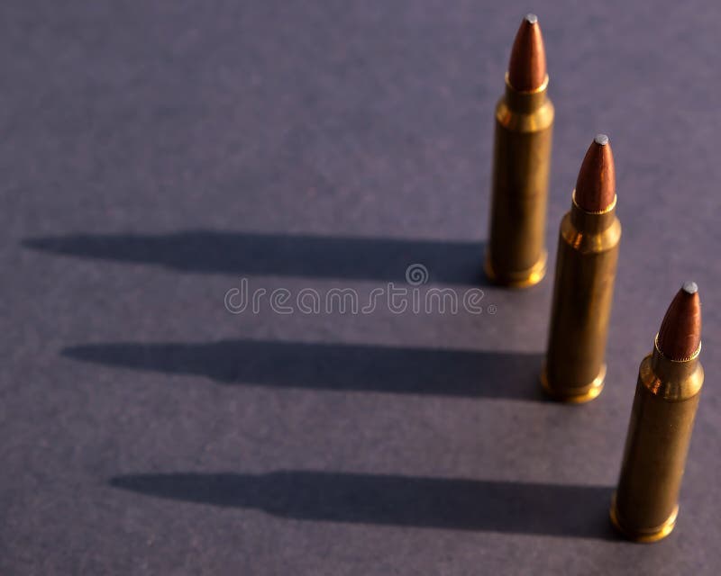 Three Hunting Bullets Casting Their Shadow on a Black Background Stock ...