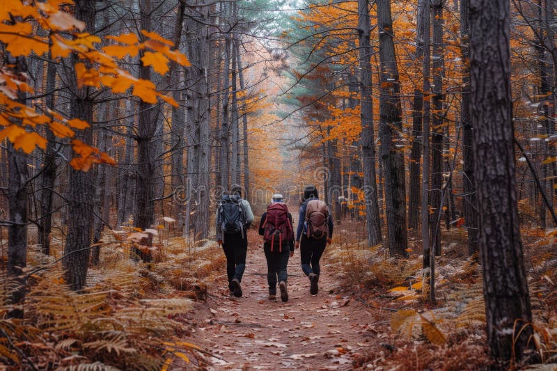 Three Hikers Exploring Autumn Forest Trail with Colorful Foliage Stock ...