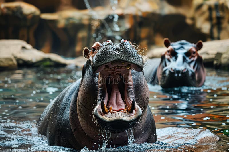 Three Hippos are in a Pool, One of Them is Making a Loud Noise. Stock ...