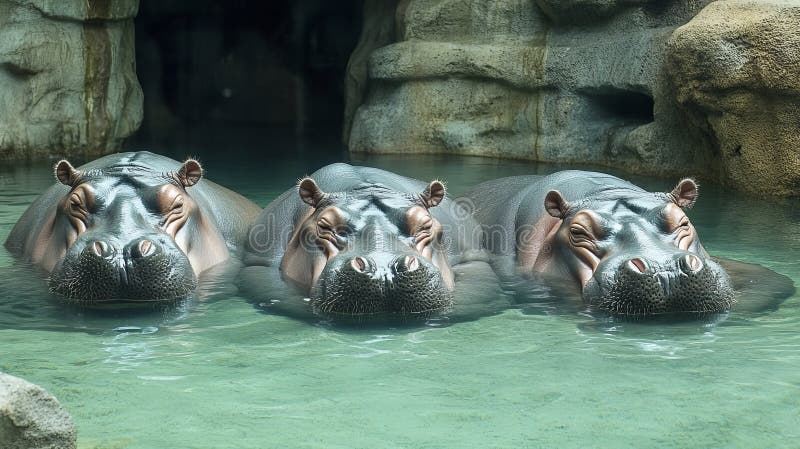 Three Hippos Relaxing in a Tranquil Pool within Natural Rock ...