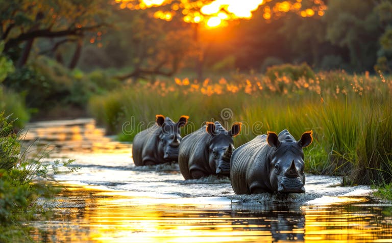 Three Hippos are Walking through the Water in Africa with Sunset. Stock ...
