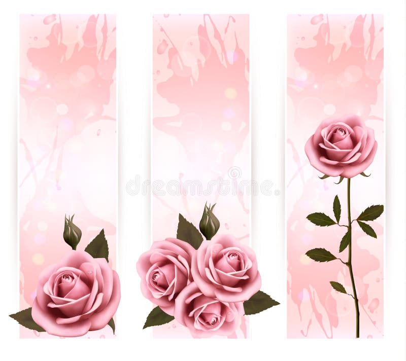 Three Holiday Banners with Pink Beautiful Roses. Stock Vector ...