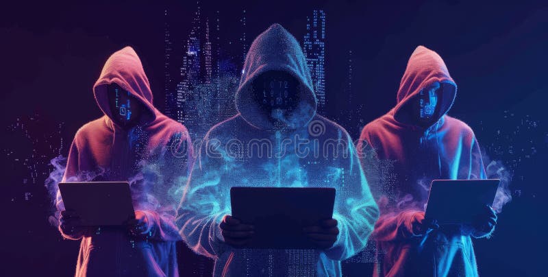 Hooded Figures with Digital Tablets, Representing Cybersecurity and ...