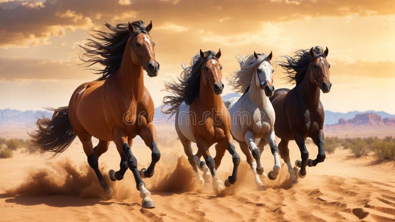 Three Horse with Long Mane Run Gallop in Desert Stock Illustration ...