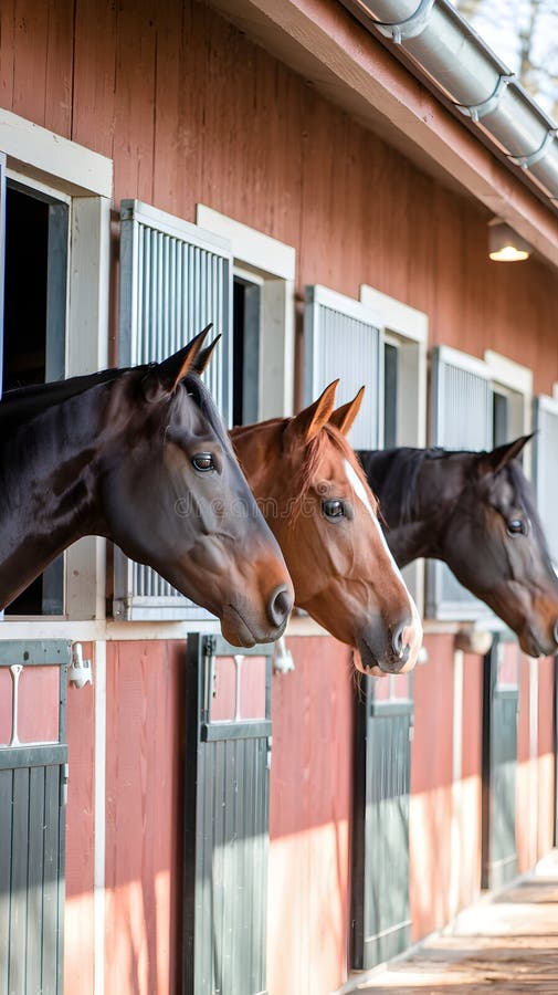 Three Horses Peeking from Stables, Sunlight Casting a Warm Glow on ...