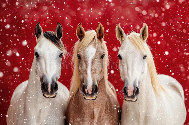 Three Horses Posing in Falling Snow with Red Background Stock ...