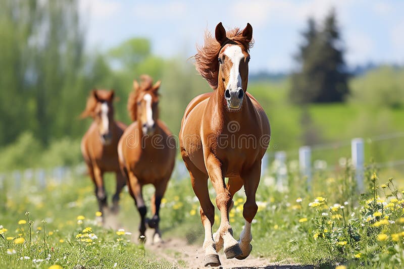 Three Horses Running on a Spring Field on a Ranch Stock Illustration ...