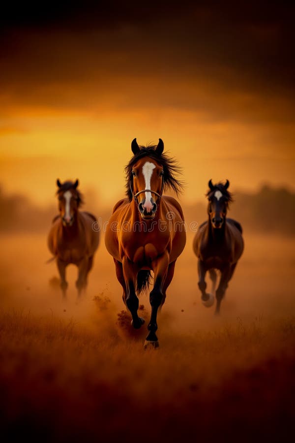 Three Horses Running in the Sunset Stock Photo - Image of animals ...