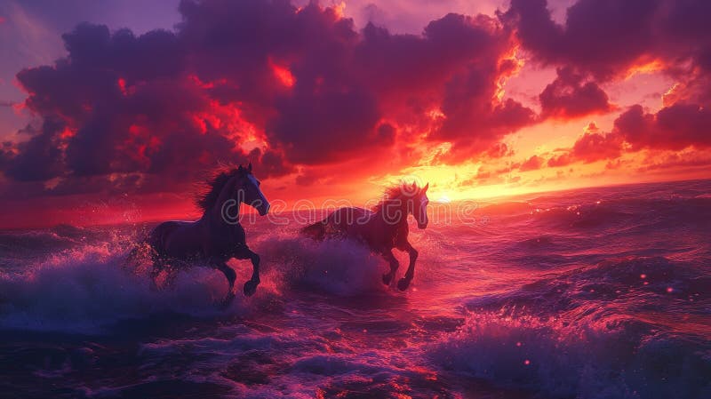 Three Horses Running in the Water Against a Beautiful Sky and Pink ...
