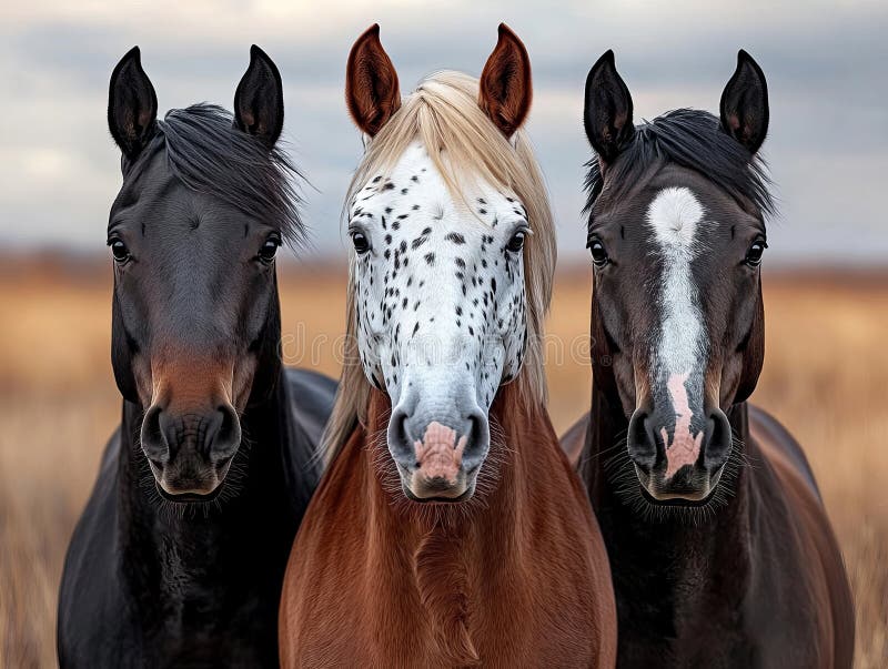 Three Horses Standing in a Field Looking at the Camera Stock Photo ...