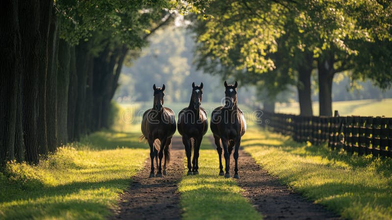 Three Horses Walk Along a Dirt Road in a Rural Landscape Stock Photo ...