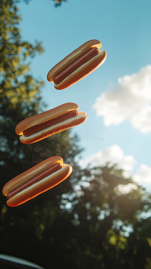 Three Hot Dogs Flying through the Air at a BBQ. Stock Photo - Image of ...
