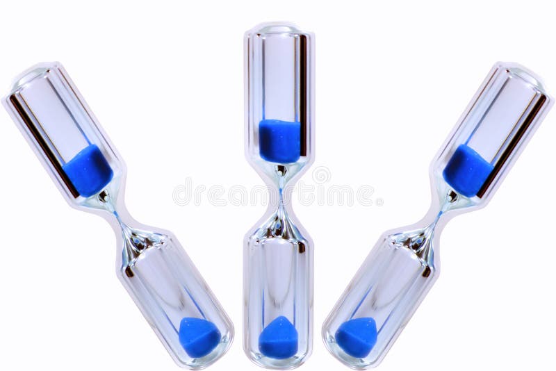 Three Hourglass with Blue Sand on White Background Stock Photo - Image ...