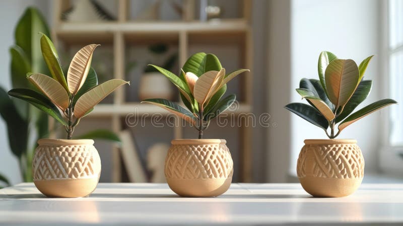 Three Houseplant Ficus Trees in Clay Pots with Pattern on Windowsill ...