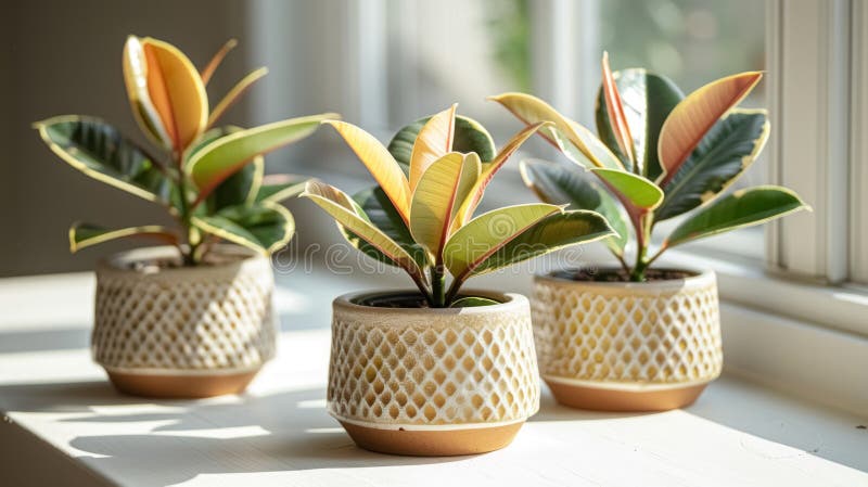 Three Houseplant Rubber Ficus Trees in Clay Pots with Pattern on ...