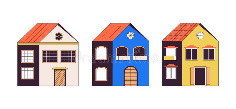 Three Houses Contemporary 2D Linear Cartoon Objects Set Stock ...