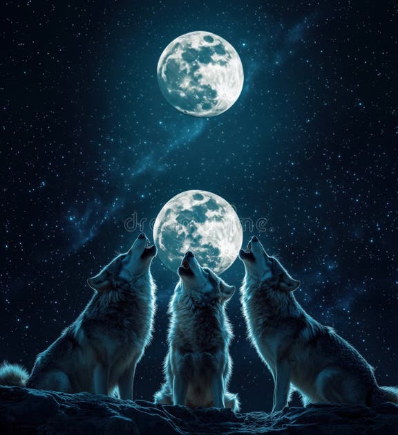 Three Howling Wolves Under Two Full Moons in a Starry Night Sky, Copy ...
