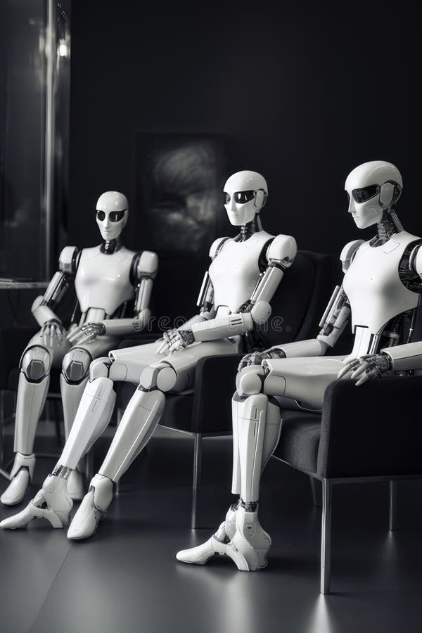 Robots, Three Humanoid Androids Sitting on Chairs in Futuristic, Dark ...