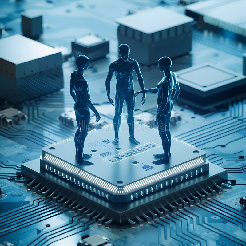 Three Humanoid Figures on High Tech Platform, Circuit Board Background ...