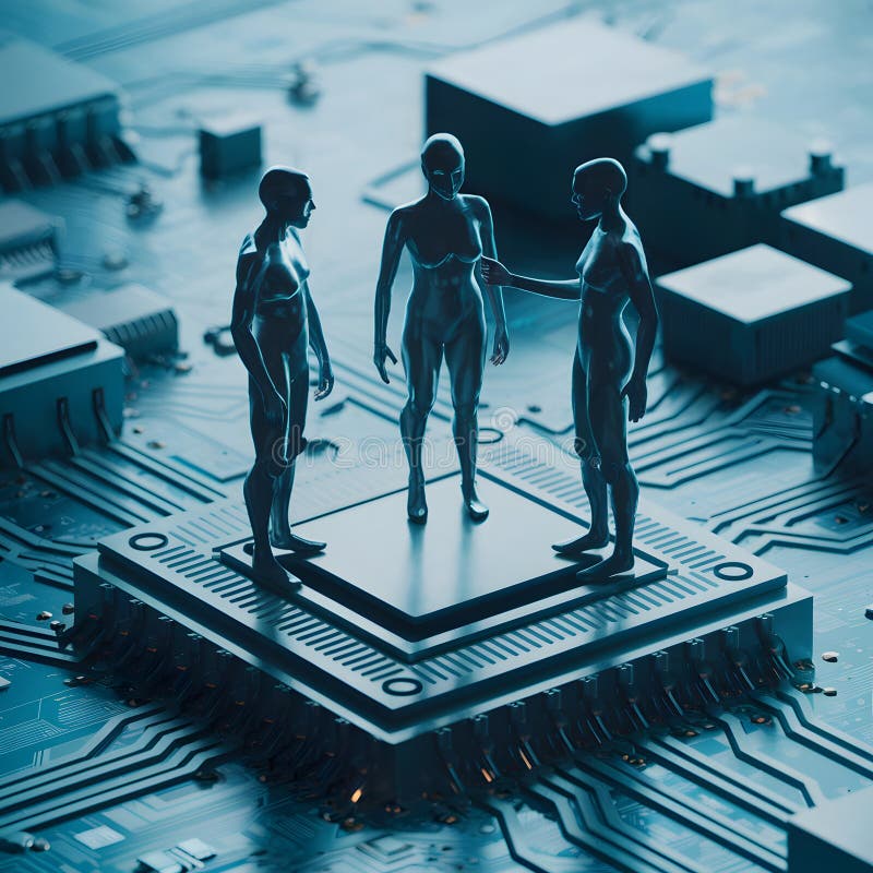 Three Humanoid Figures on High Tech Platform, Circuit Board Background ...