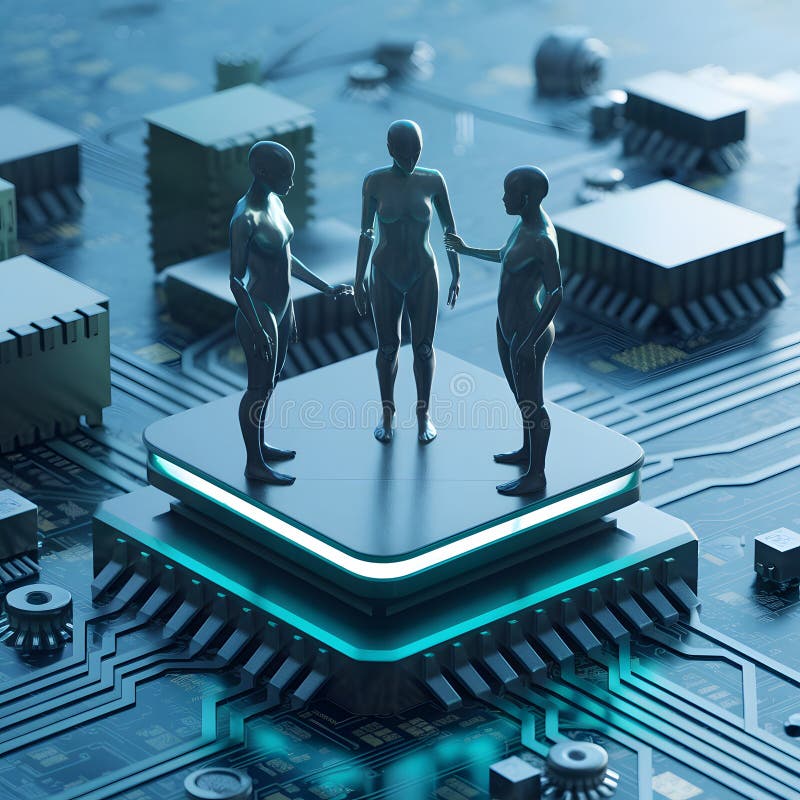 Three Humanoid Figures on High Tech Platform, Circuit Board Background ...