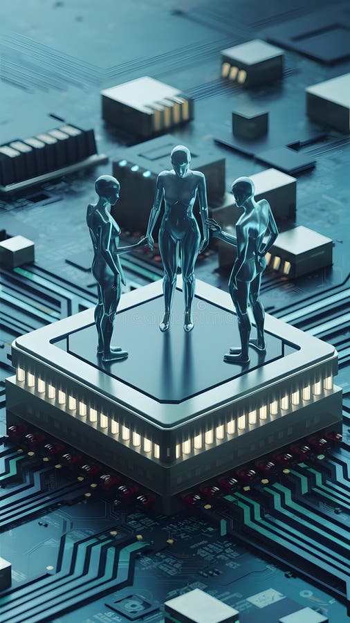 Three Humanoid Figures on High Tech Platform, Circuit Board Background ...