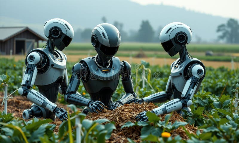 Three Humanoid Robots Working in Lush Green Farm, Cultivating Crops ...