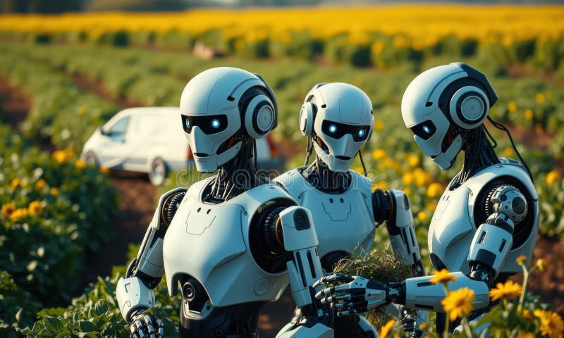 Three Humanoid Robots Working in Sunflower Field Stock Illustration ...