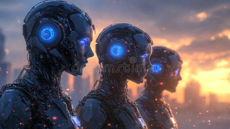 Three Humanoids at Sunset Futuristic Cityscape Stock Illustration ...