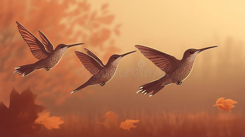 Three Hummingbirds Flying Autumn Sunset Meadow Stock Photo - Image of ...