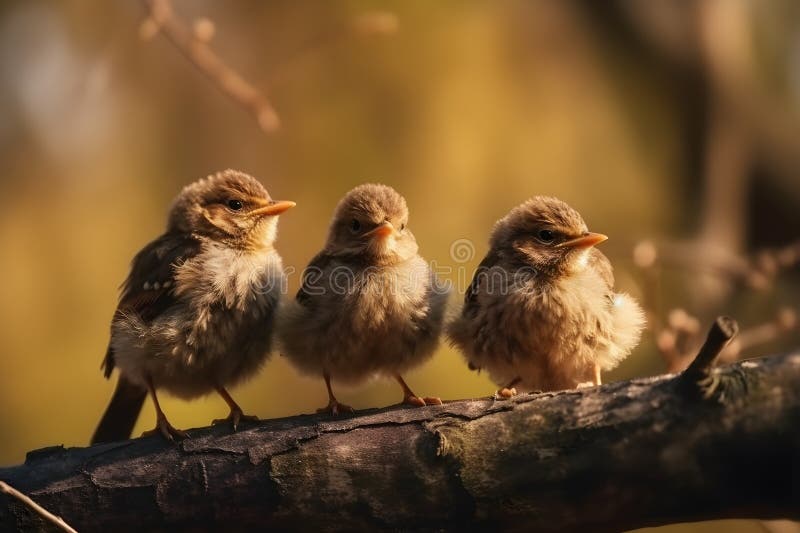 Three Humorous Birds Perch on a Branch. Stock Photo - Image of perched ...
