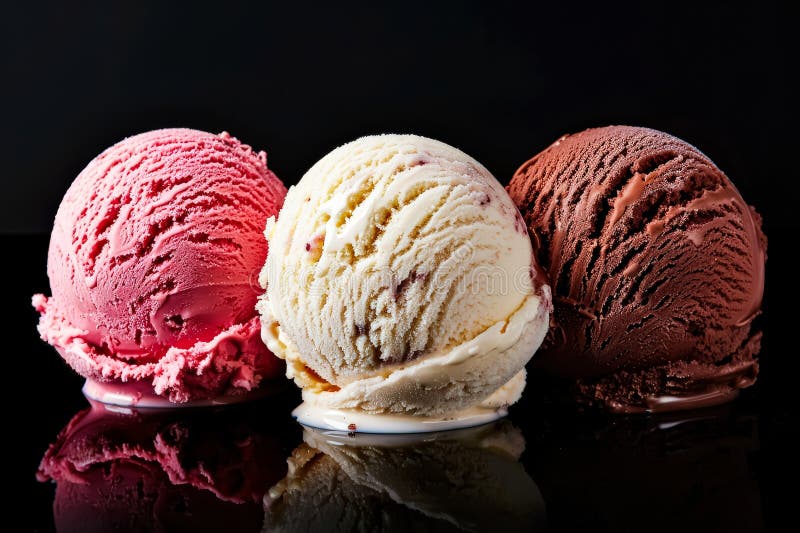 Three Ice Cream Balls, One of Which is Pink, One is White, and One is ...