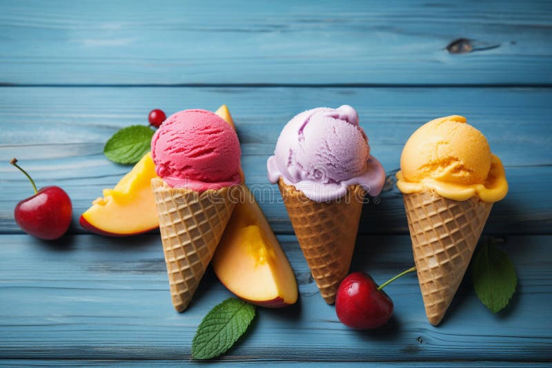 Three Ice Cream Cones on a Blue Wooden Table AI Generation Stock ...