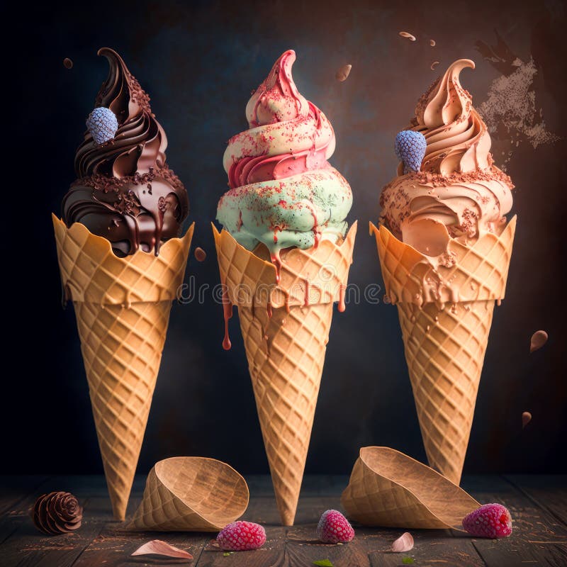 Three Ice Cream Cones with Chocolate, Raspberry. Generative AI Stock ...