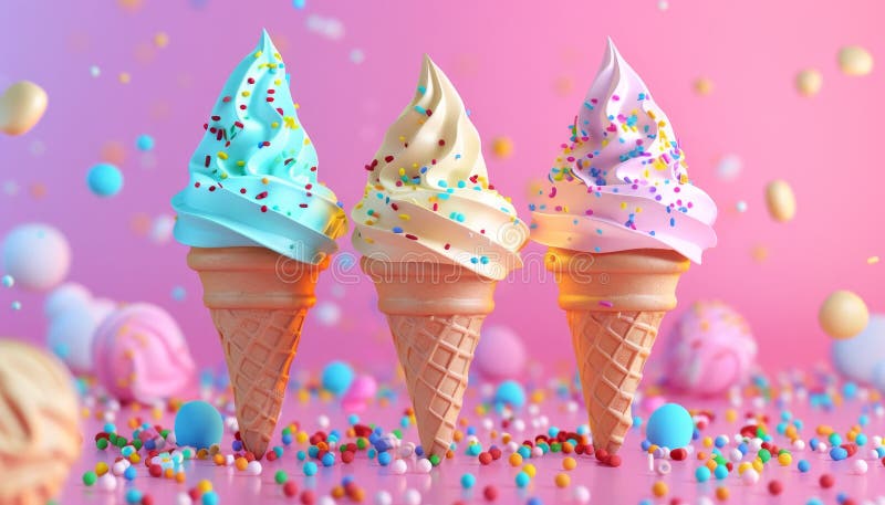 Three Ice Cream Cones with Colorful Sprinkles on Top by AI Generated ...