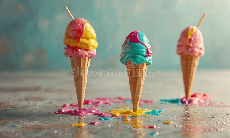 Three Ice Cream Cones with Different Colors of Ice Cream in Them, One ... Three Ice Cream Cones with Different Colors of Ice Cream in Them, One ...
