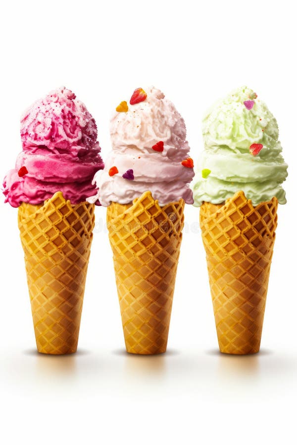 Three Ice Cream Cones with Different Flavors of Ice Cream in Them ... Three Ice Cream Cones with Different Flavors of Ice Cream in Them ...