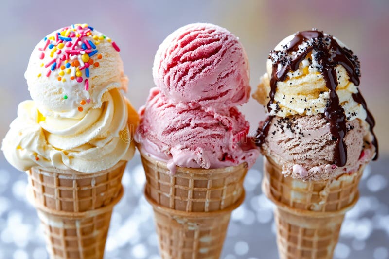 Three Ice Cream Cones with Different Flavors of Ice Cream in Them ...