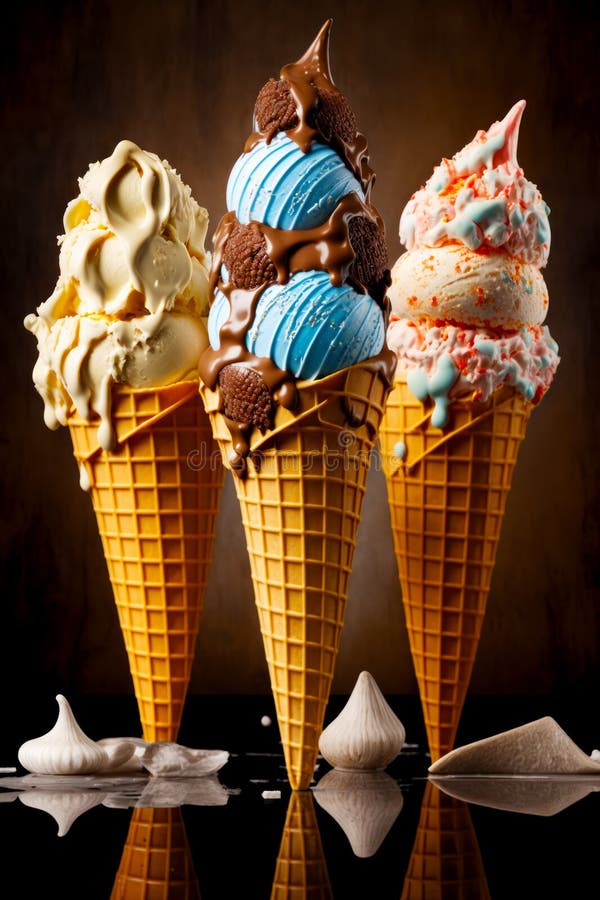 Three Ice Cream Cones with Different Flavors of Ice Cream on Top of ...