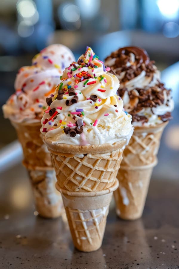 Three Ice Cream Cones with Different Toppings in Them on a Table ...