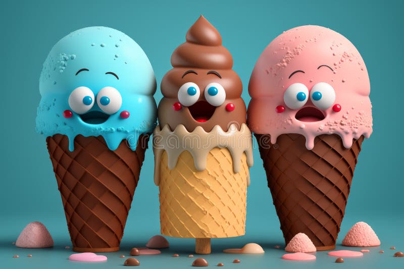 Three Ice Cream Cones with Faces on Them. Generative AI Stock ...